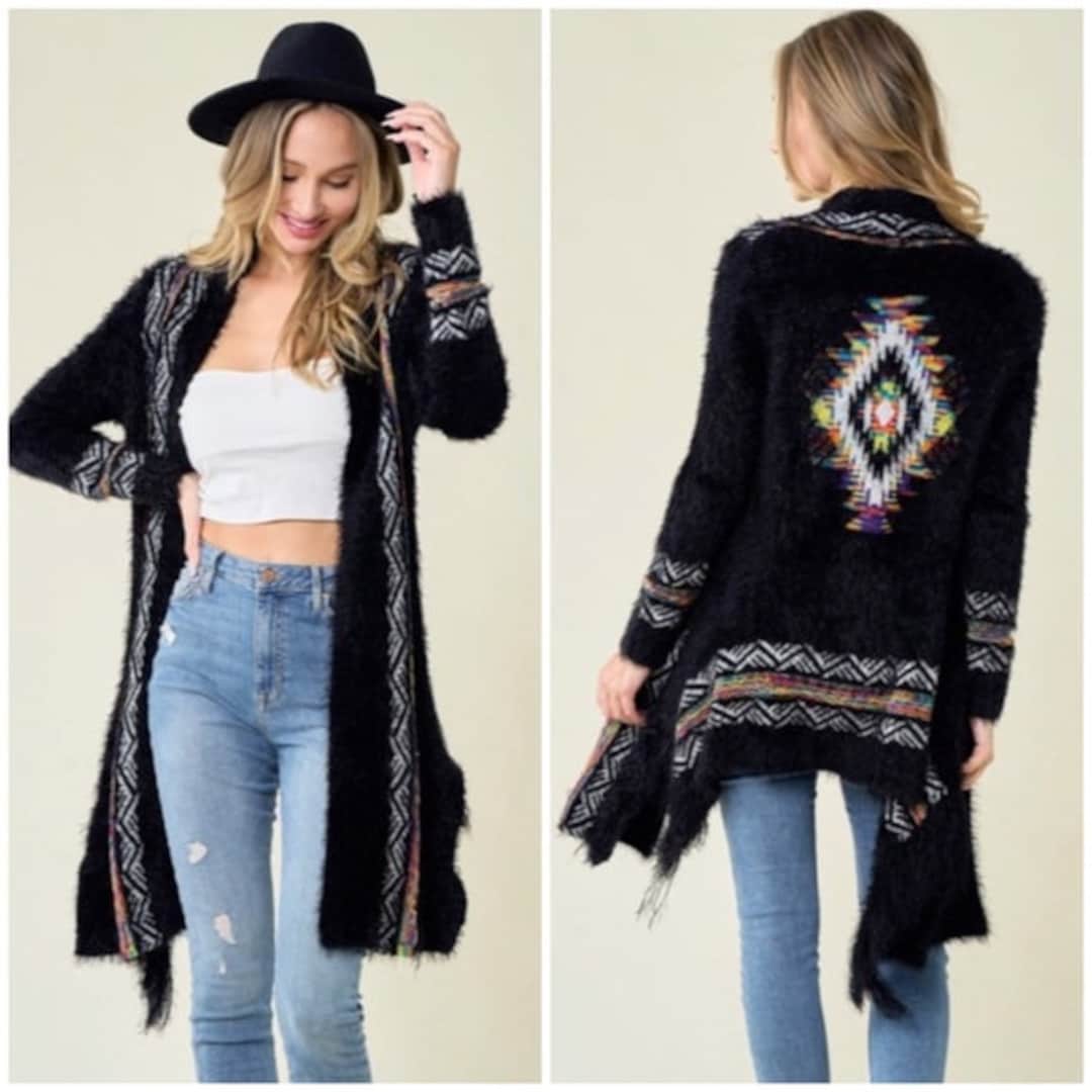 Black Fuzzy Eyelash Fringe Rainbow Colorful Aztec Western Pattern Open ...
