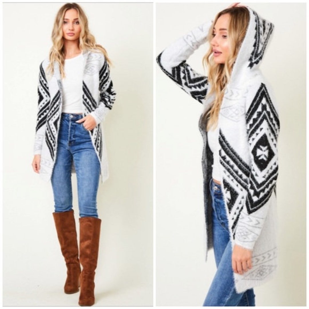 Fuzzy Soft Knit Hooded Long Sleeve Aztec Tribal Native Western Cardigan ...