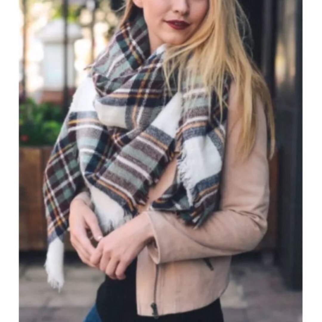 Brown White Mint Multi Colored Colorful Plaid Frayed Hem Blanket Knit ...