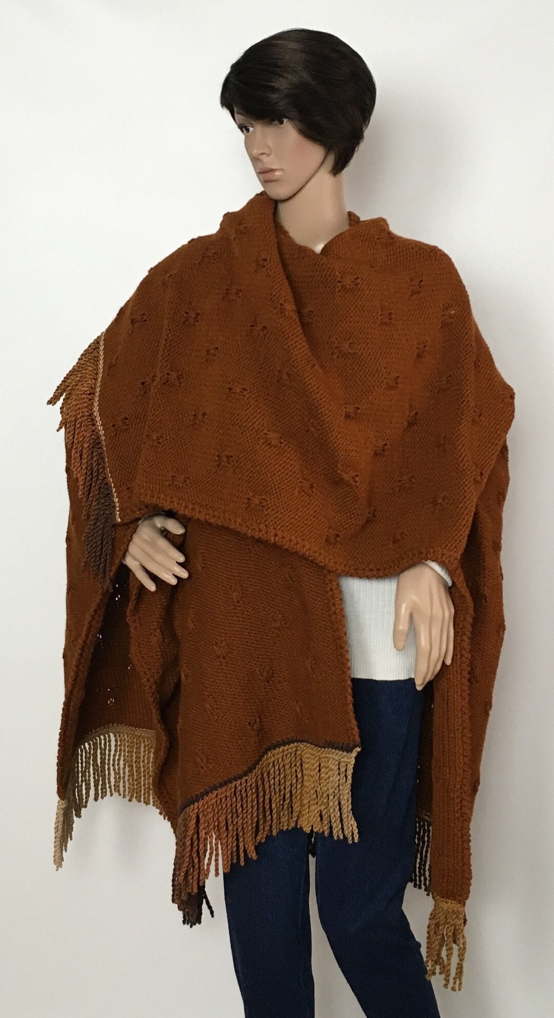 Oversized Hand Knit Ruana, Winter Bohemian Poncho With Multi-color ...