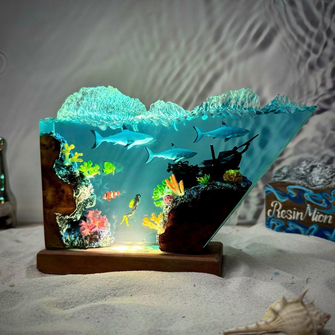 Great White Shark Family Resin Lamp,epoxy and Wooden Night Light,home ...