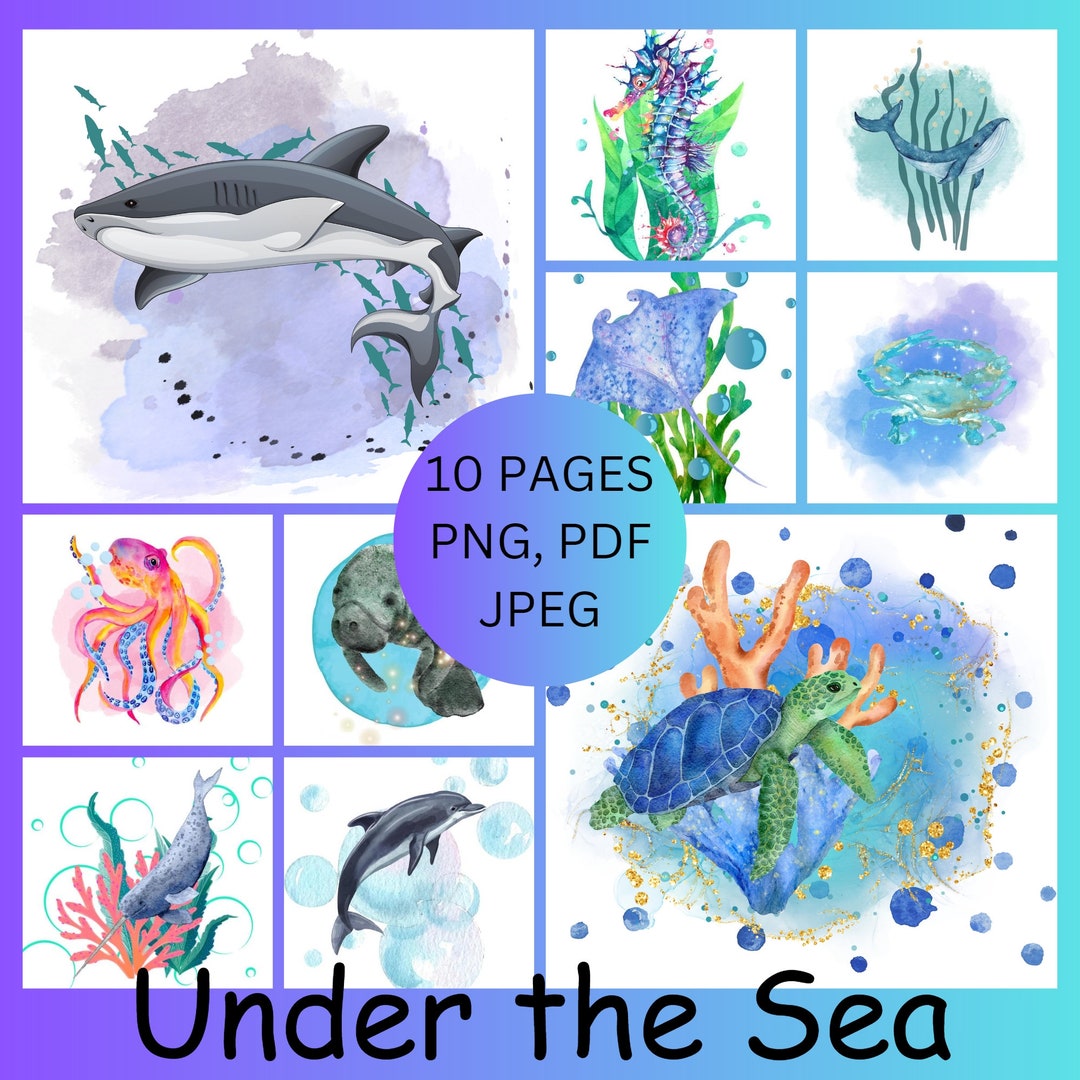 Under the Sea Creatures PNG Turtle Octopus Whale Crab Dolphin Narwhal ...