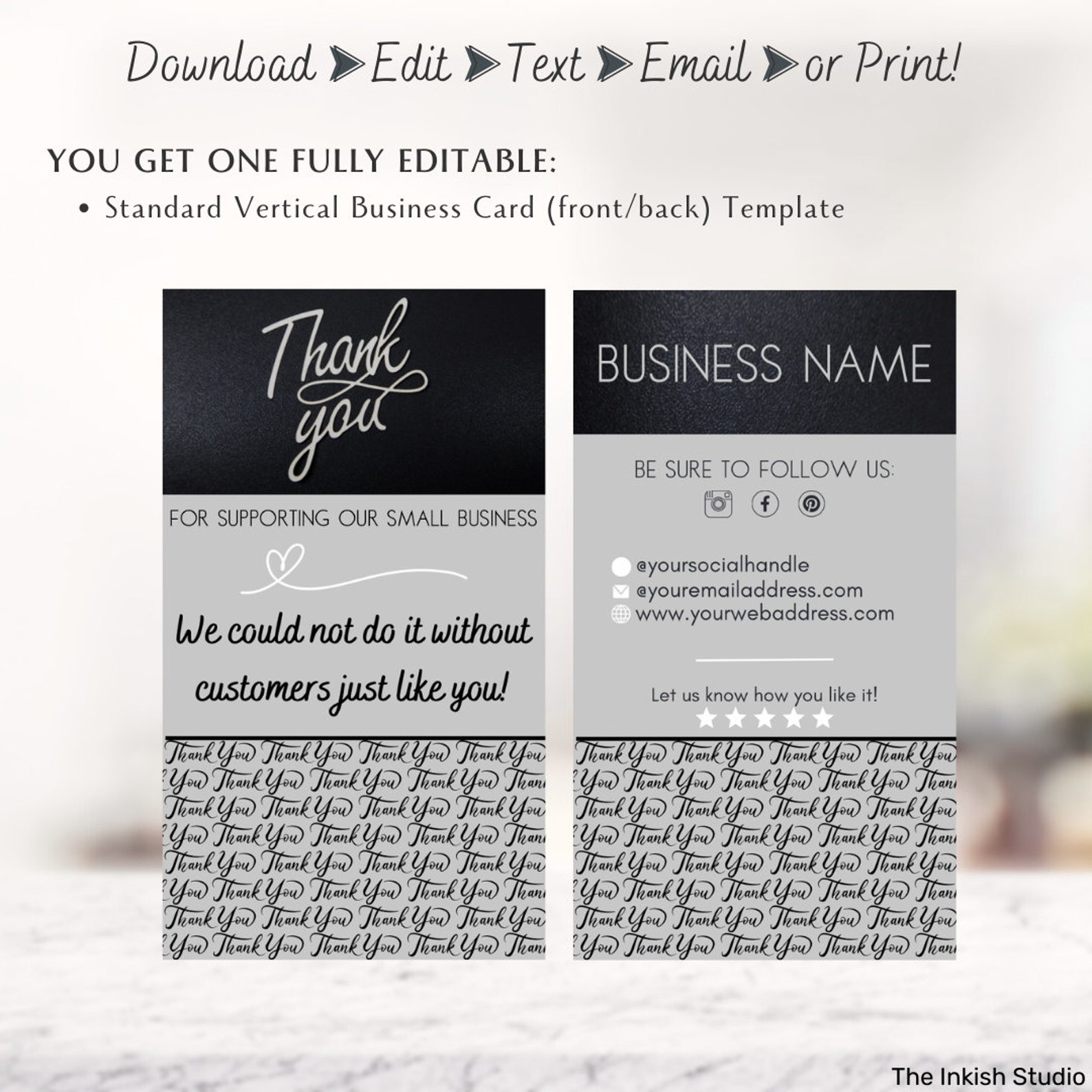 Vertical Black & Gray Thank You Business Card Insert Template Editable ...