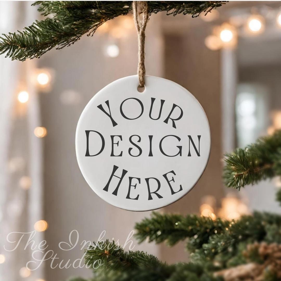 Blank White Ceramic Round Ornament Winter Mockup Christmas Tree ...