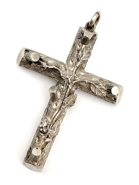 Victorian Silver Wooden Cross with Twigs & Leaves - Gem
