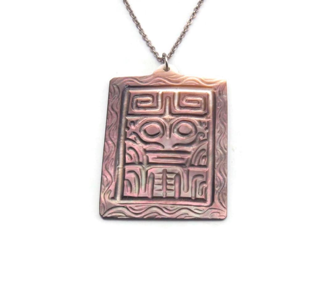 Carved Tahitian Shell Abalone Tiki Pendant Necklace, Vintage Hand ...