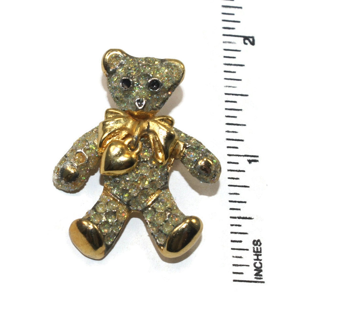 Vintage Gold Tone and Green Glitter Teddy Bear With Bow and | Etsy