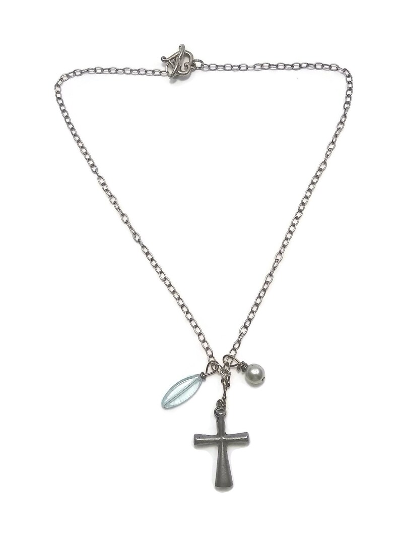 Vintage Pewter Cross on 18 Inch Silver Tone Chain Necklace With Faux ...