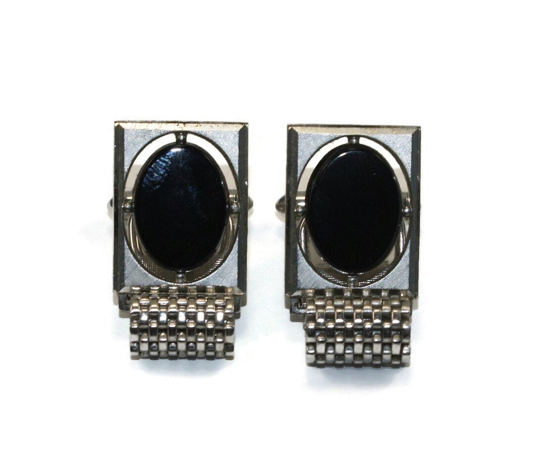 Vintage Swank Silver Tone and Oval Black Plastic Rectangular Wrap Cuff ...