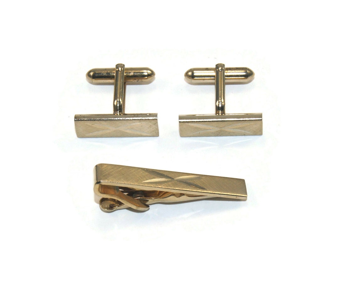 Vintage Swank Textured Gold Tone Rectangular Cuff Links and Matching ...