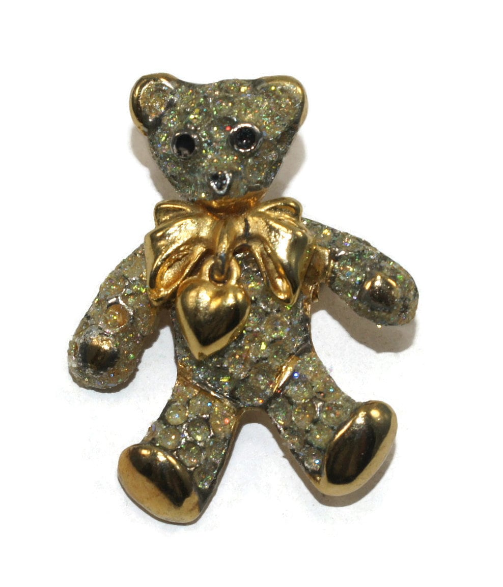 Vintage Gold Tone and Green Glitter Teddy Bear With Bow and | Etsy
