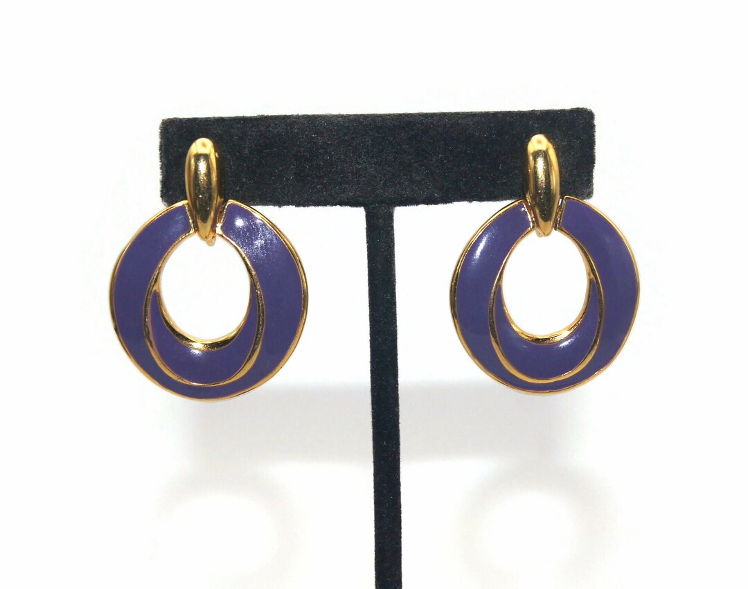 Vintage Purple and Gold Tone Door Knocker Dangle Clip on Earrings. - Etsy
