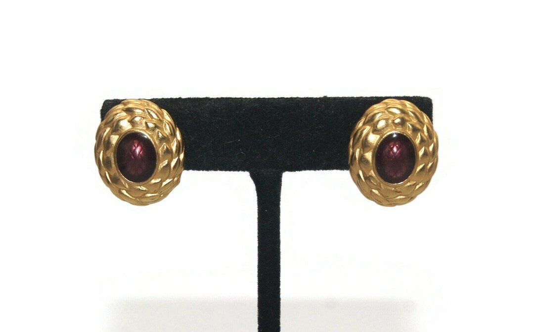 Vintage Liz Claiborne Gold Tone and Purple Enamel Oval Stud Earrings ...