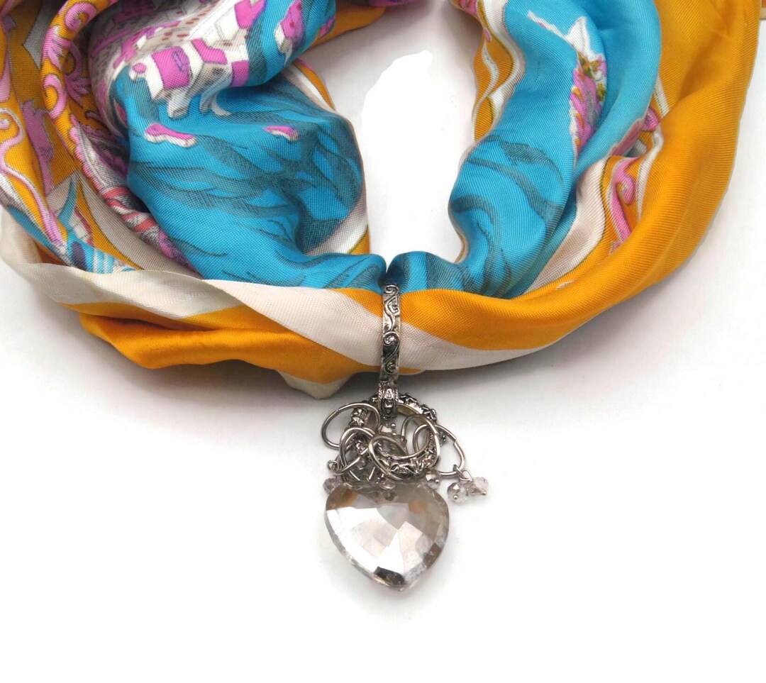 Vintage Silver Tone Glass Heart and Beaded Dangles Scarf Slide/pendant ...