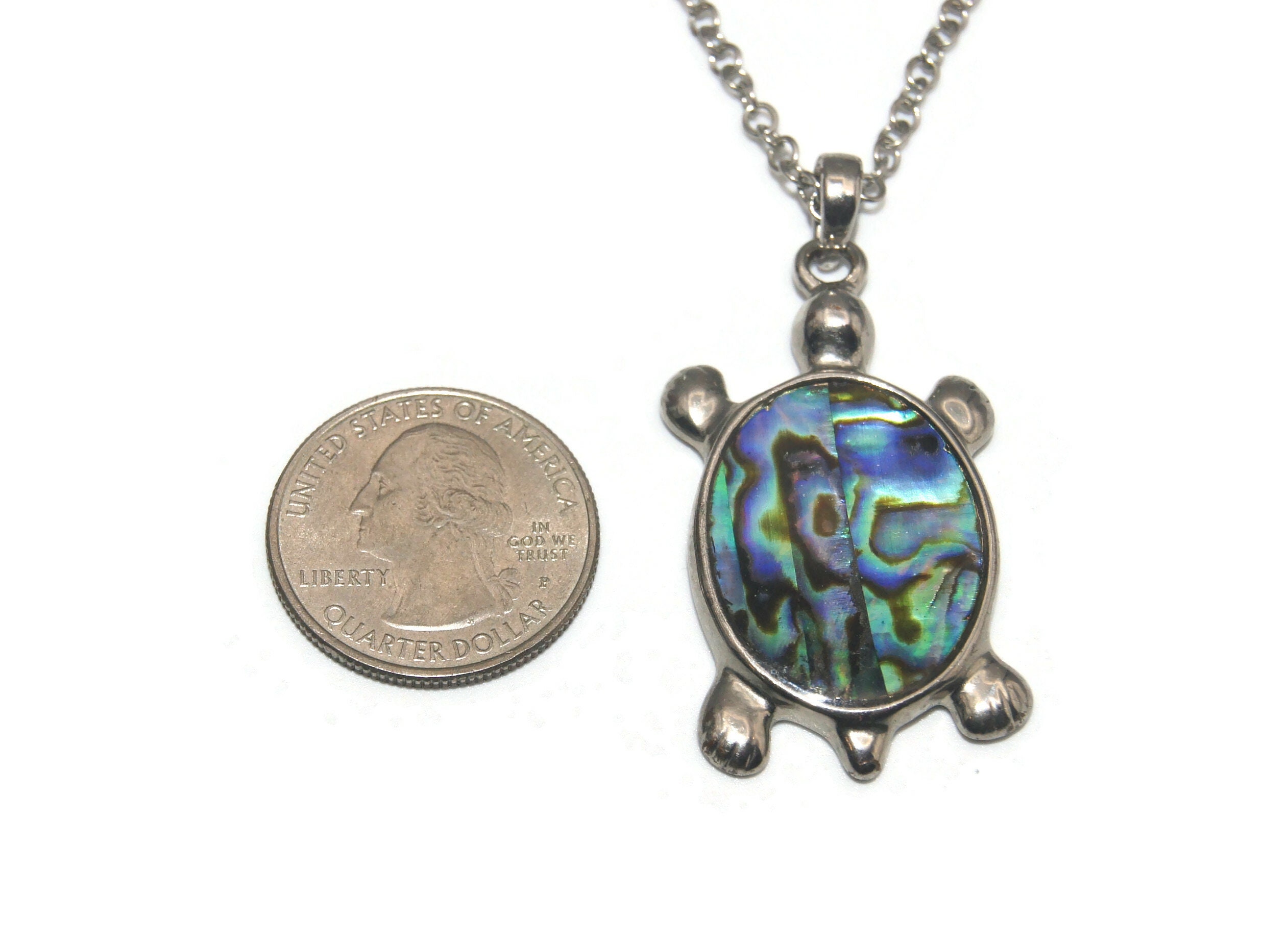 Vintage Silver Tone and Faux Abalone Turtle Pendant on 17 1/2 to 19 ...