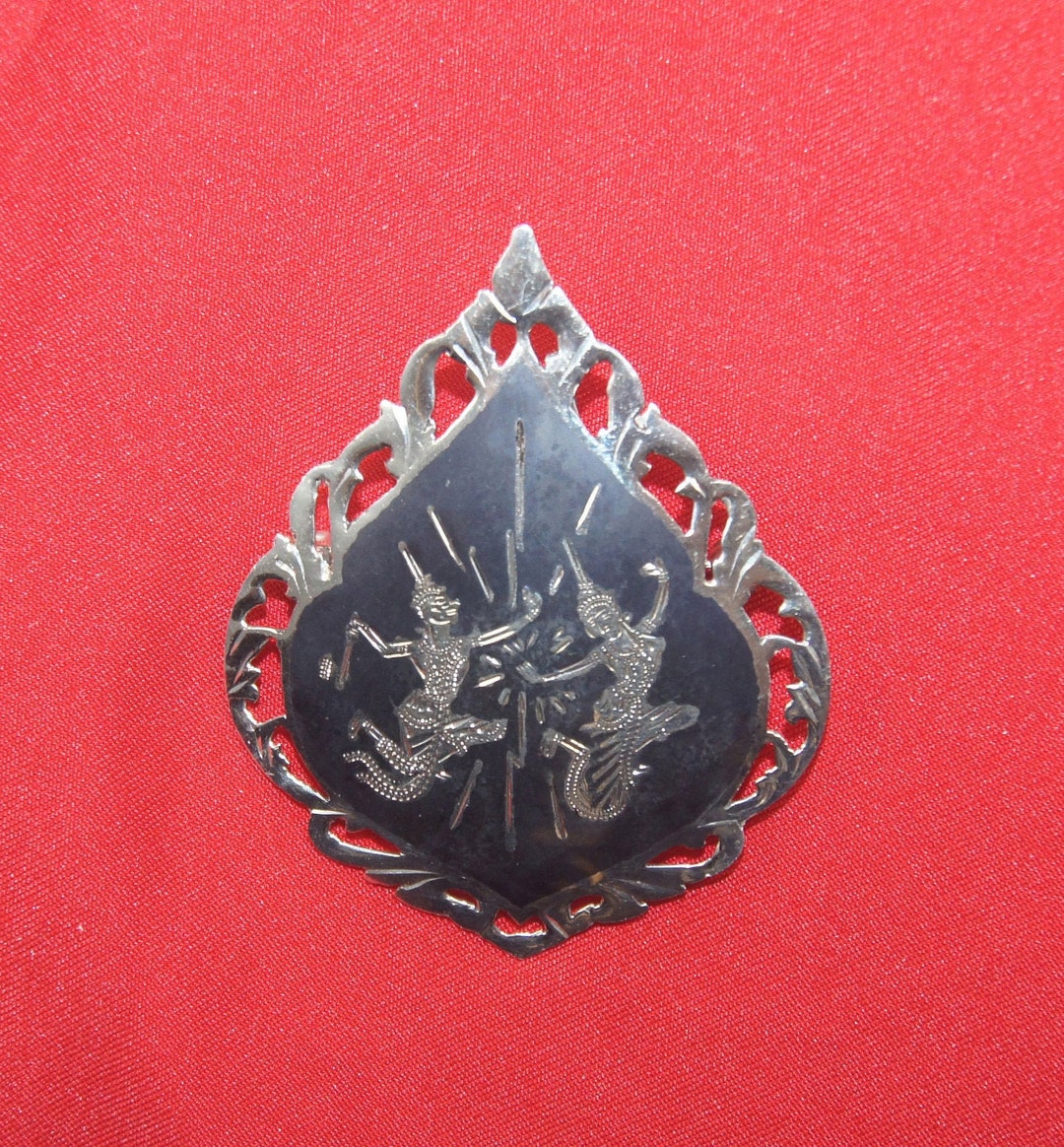 Vintage Siam Silver Silver Nielloware Brooch Depicting Mekkala Goddess ...