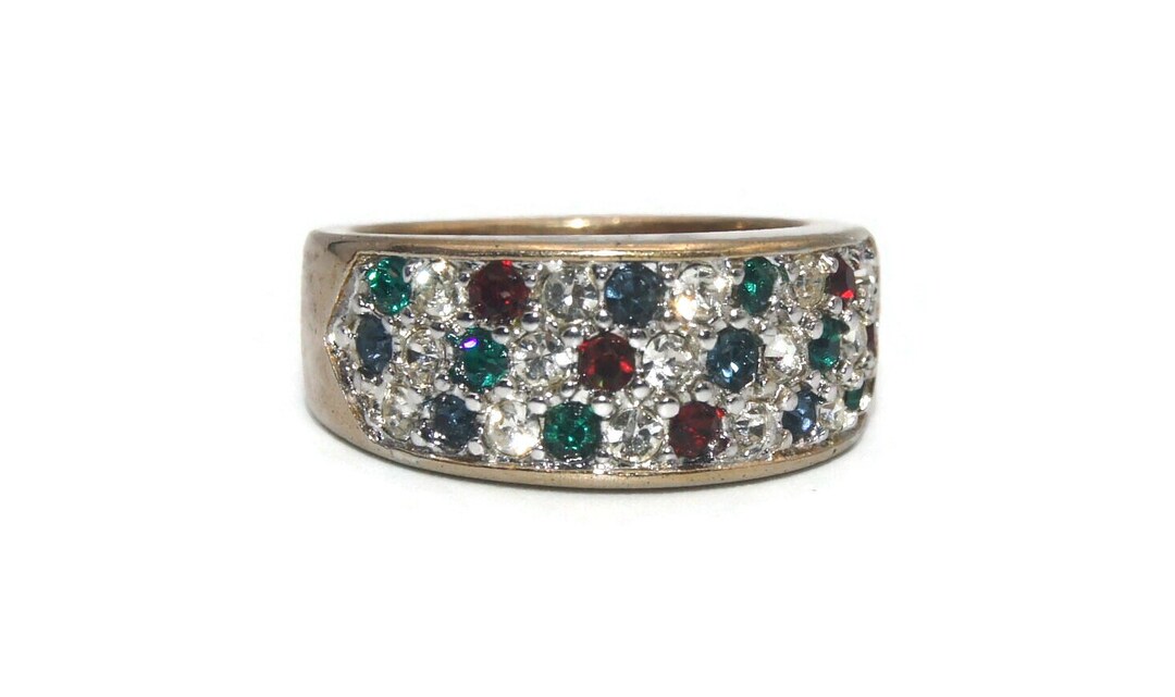 Vintage 18K Gold Plated With Clear, Blue, Green and Red Rhinestones Size 8 Ring. Marked 18K H.G ...