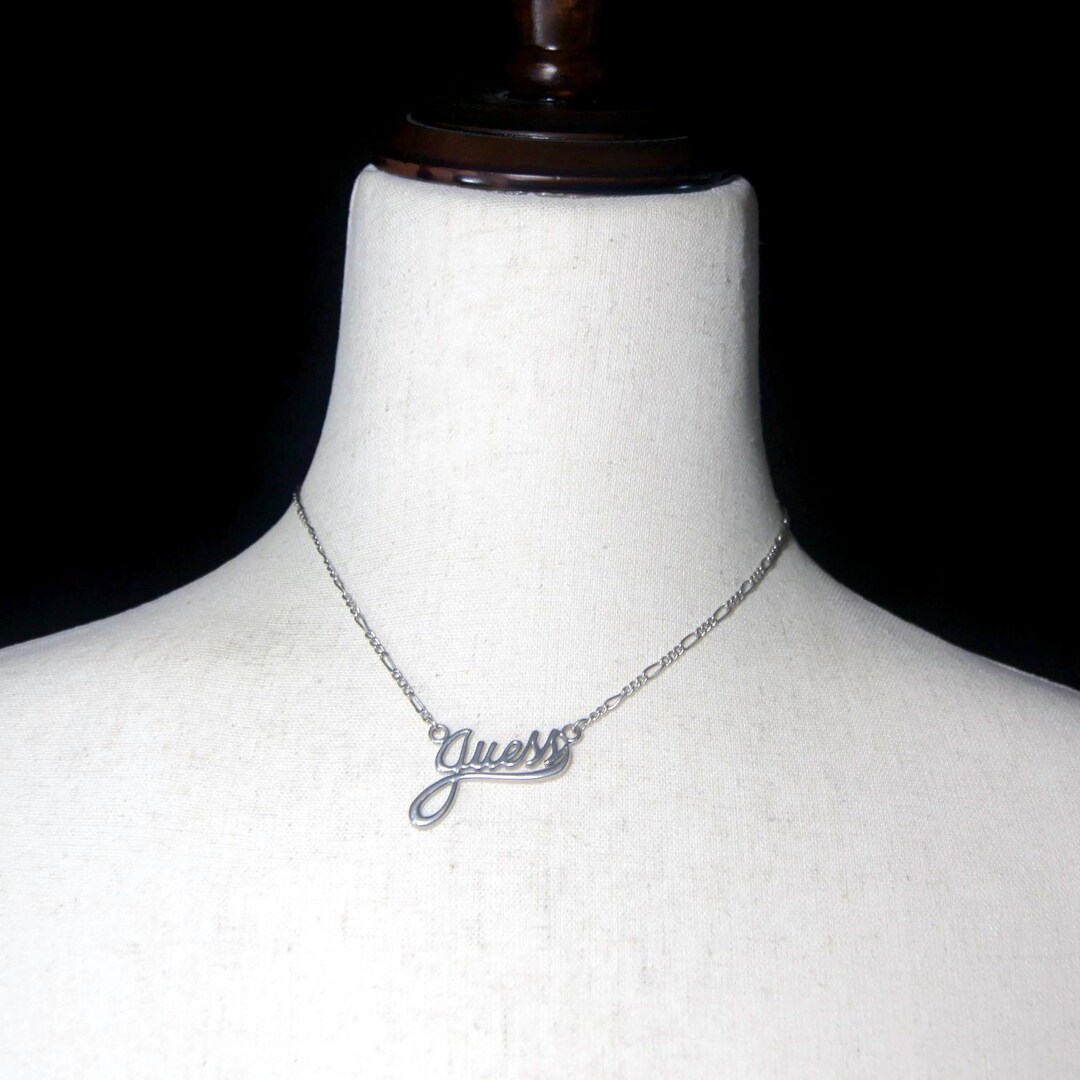 Vintage Guess Silver Tone Bib Necklace, 15 Inch Figaro Chain With Guess ...