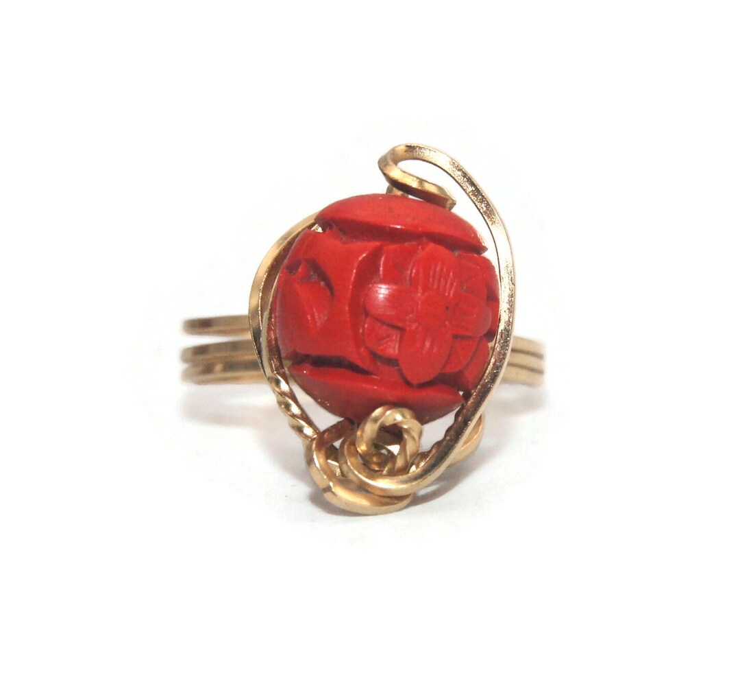 Vintage Gold Tone and Carved Faux Red Cinnabar Floral Design Size 7 ...