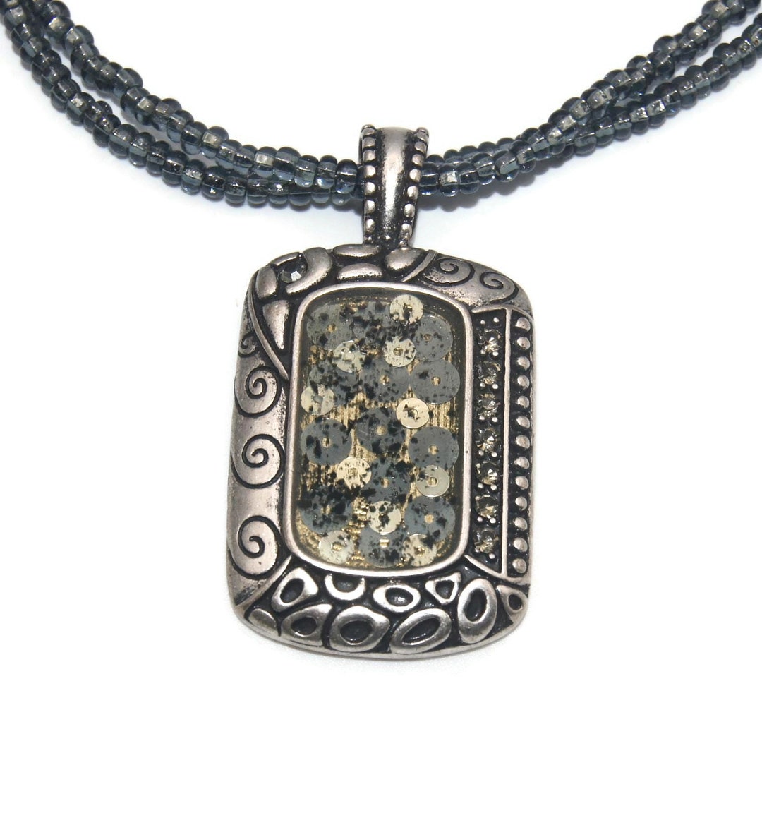 Vintage Laura Ashley Silver Tone Pendant on 16 to 20 Inch Gray Glass ...