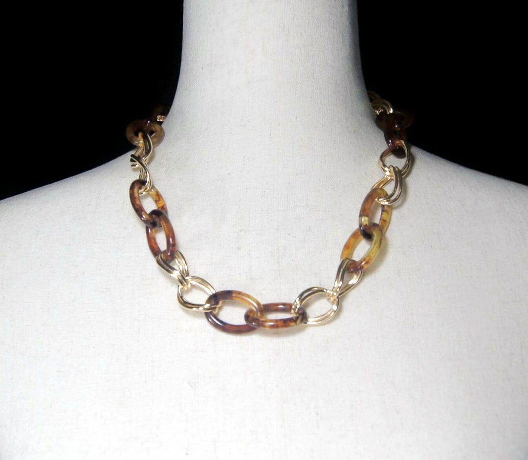 Gold Tone and Tortoise Shell Lucite Link Necklace 25 1/2 Inch Necklace ...