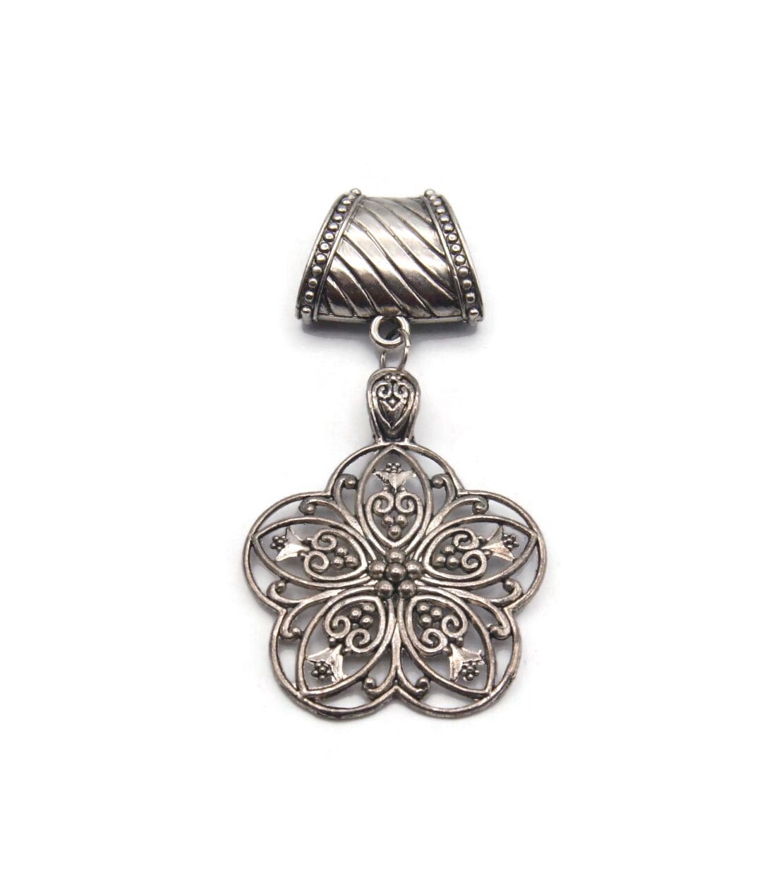 Silver Tone and Black Enamel Flower Pendant Scarf Slide, Vintage Scarf ...