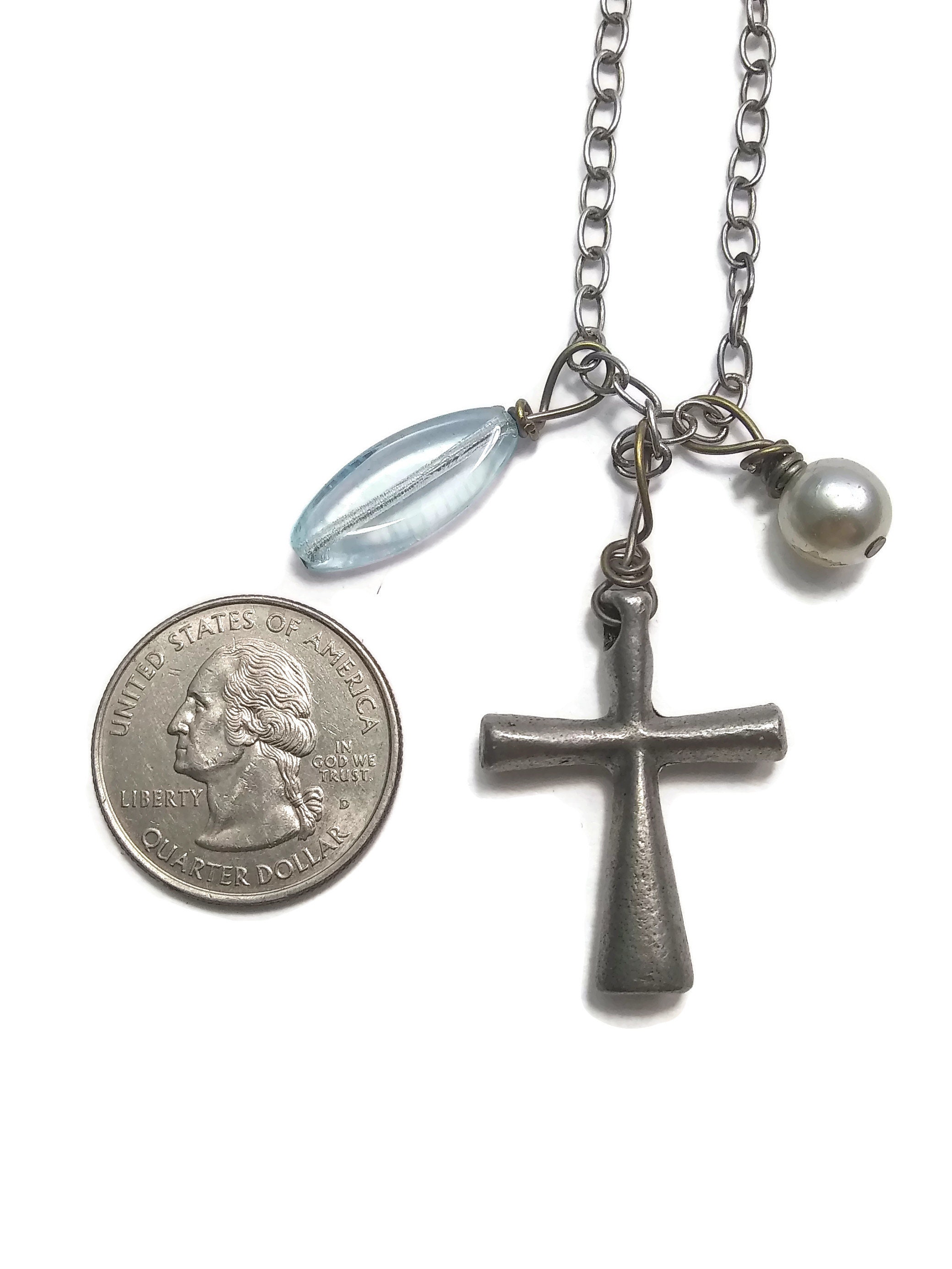 Vintage Pewter Cross on 18 Inch Silver Tone Chain Necklace With Faux ...