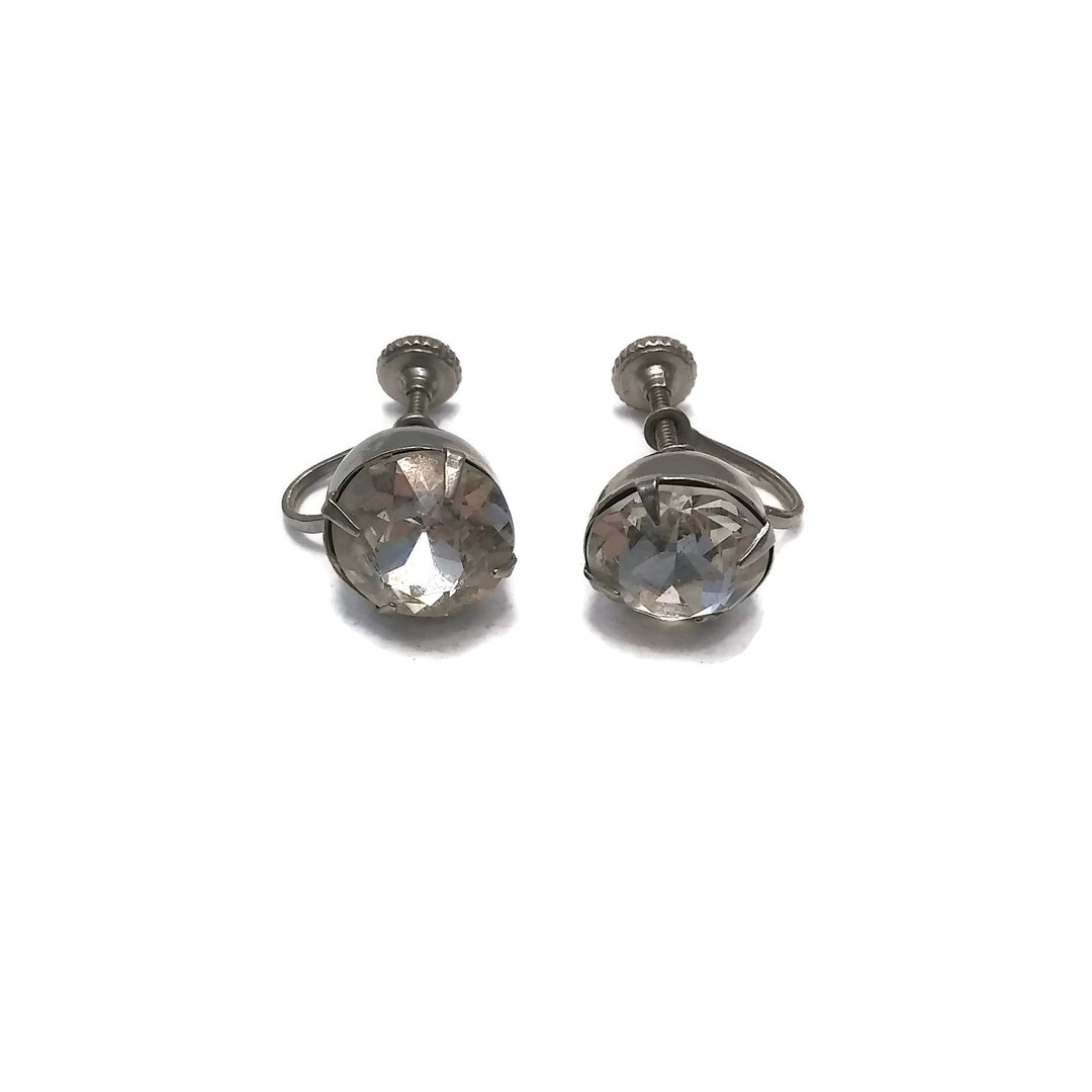 Vintage Mid-century Style Prong Set Faux Diamond Solitaire Screw Back ...