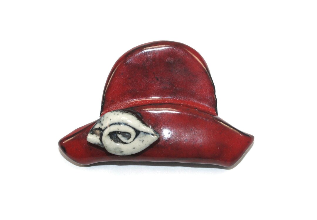 Vintage Red and Black Glazed Ceramic Hat With White Flower Brooch. - Etsy