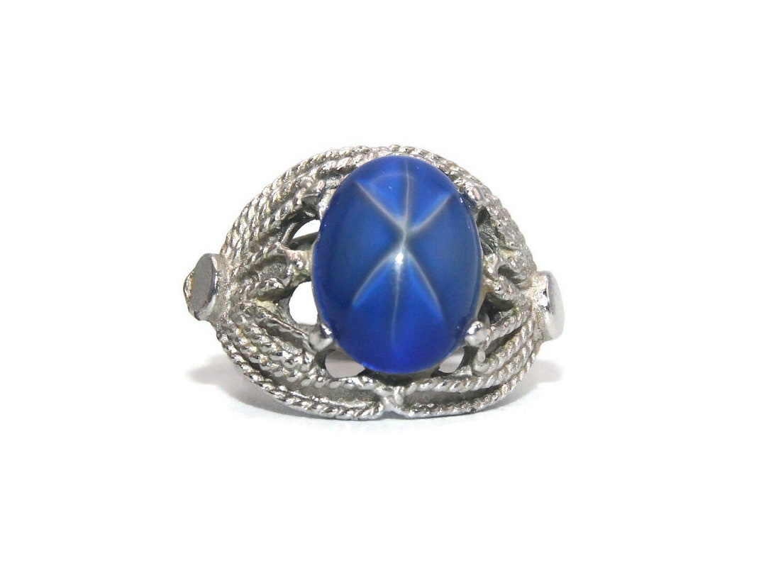 Vintage Uncas Silver Tone and Faux Star Sapphire Size 7 Adjustable ...