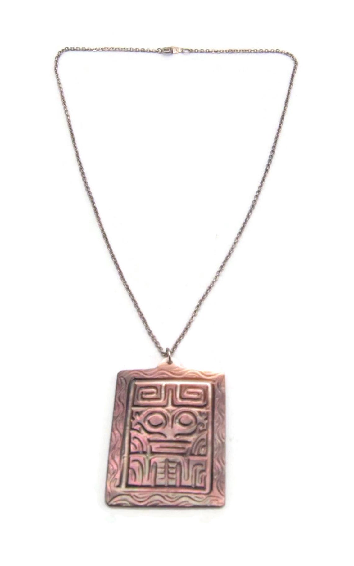 Carved Tahitian Shell Abalone Tiki Pendant Necklace, Vintage Hand ...
