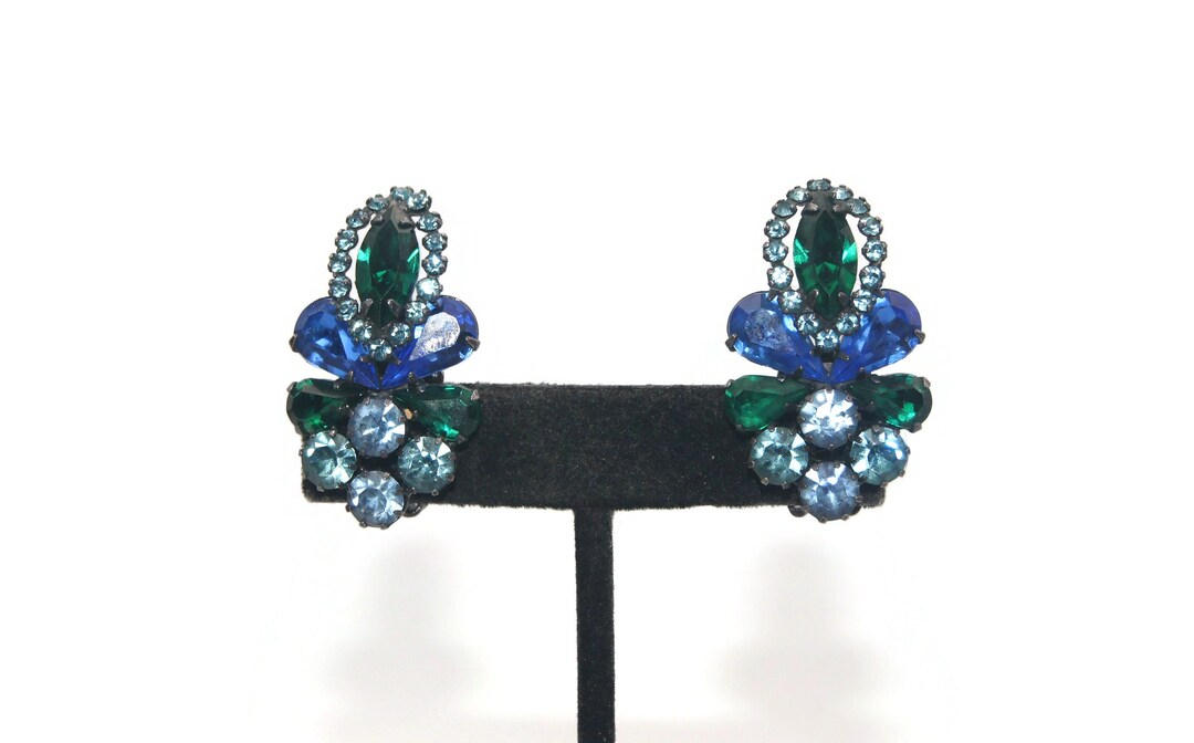 Vintage Weiss Silver Tone With Blue and Green Rhinestones Ear Climber ...