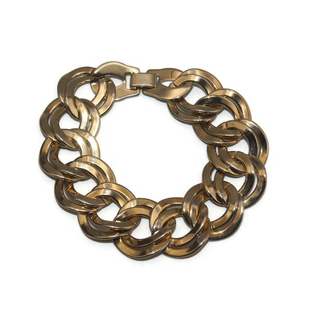 Vintage Gold Tone Double Link 7 Inch Bracelet With Hinged Clip Clasp ...
