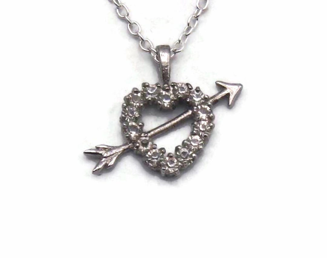 Small Silver Heart & Arrow Pendant Necklace, Vintage Silver Tone and ...