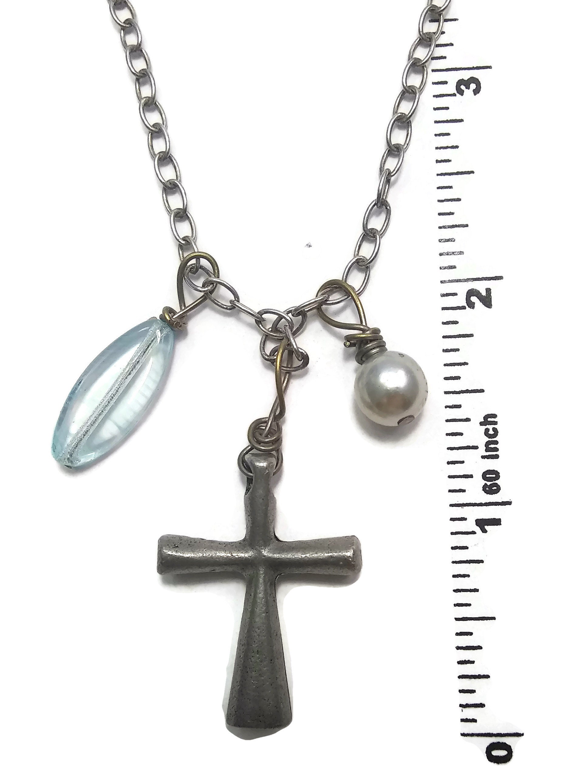 Vintage Pewter Cross on 18 Inch Silver Tone Chain Necklace With Faux ...