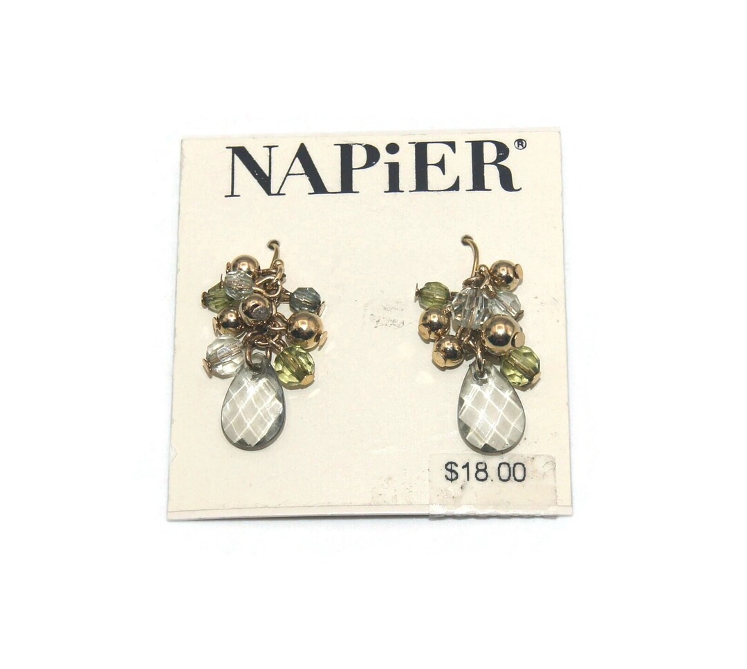 Vintage Napier Gold Tone With Clear, Green and Gray Beads Dangle ...