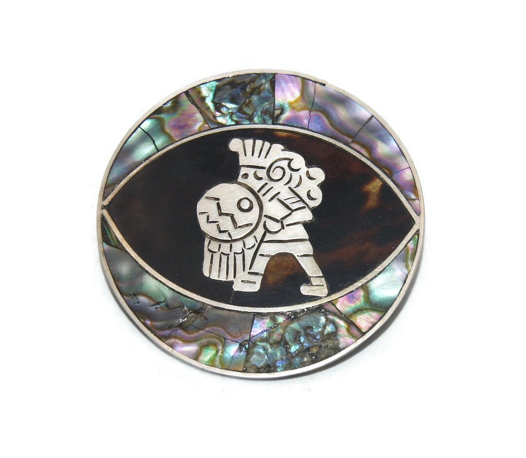 Vintage Sterling Silver, Abalone and Tortoise Shell Mayan Aztec Warrior ...