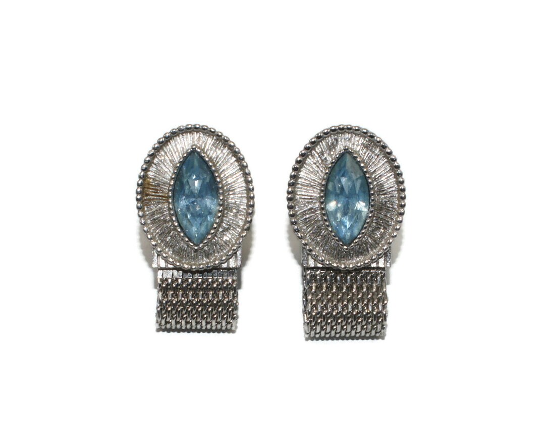 Vintage Swank Silver Tone and Faux Marquise Cut Blue Topaz Oval Mesh ...