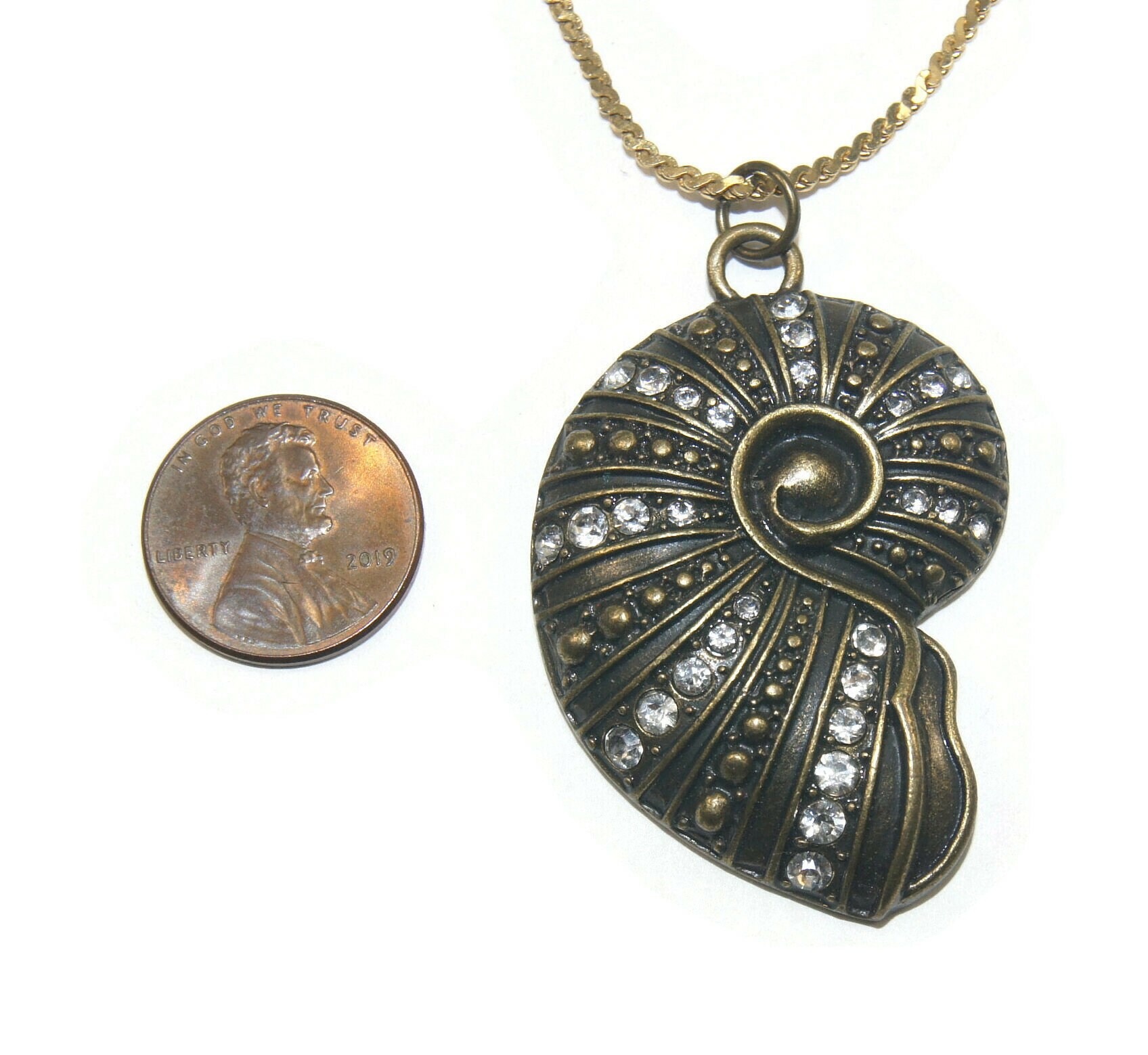 Vintage Antiqued Gold Tone and Rhinestones Shell Pendant on 18 Inch ...