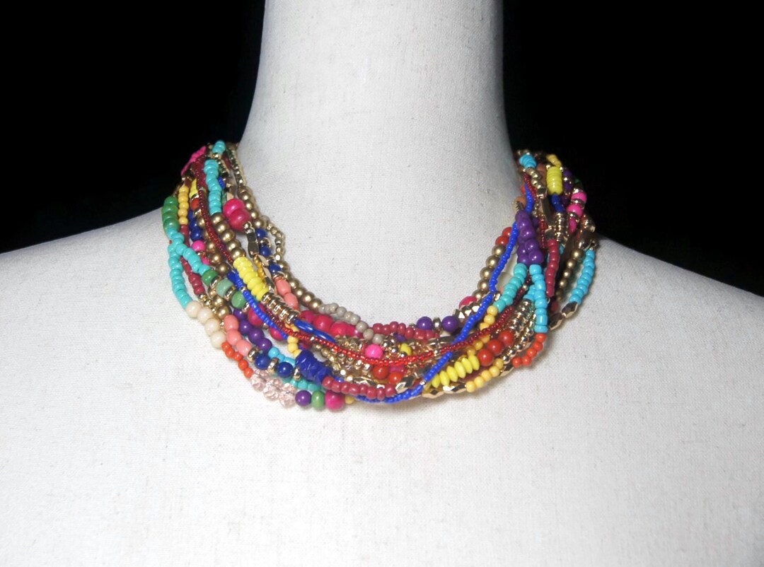 Brightly Colored Necklace, Vintage Gold Tone & Multicolored Beaded ...