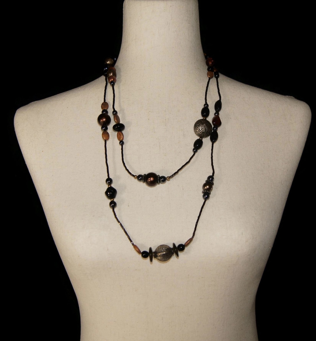 Vintage MEIFA 54 Inch Beaded Necklace With Silver Tone, Black, Gold ...