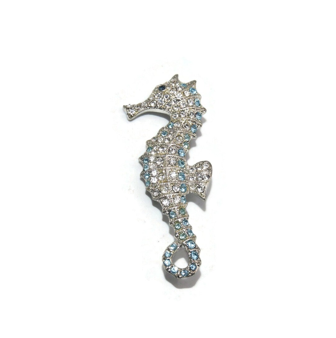 Vintage Monet Silver Tone With Blue and Clear Rhinestones Seahorse ...