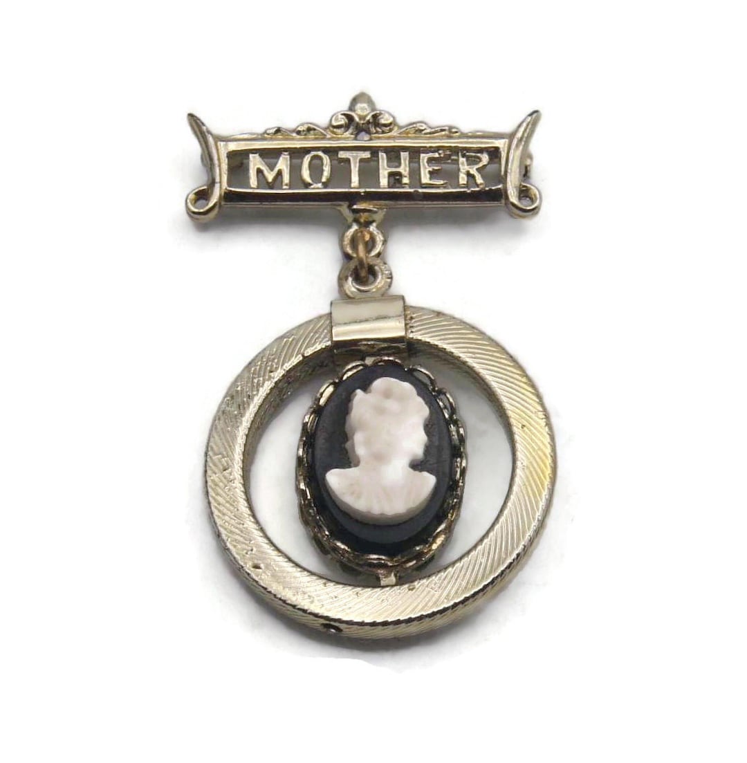 MOTHER Brooch With Reversible Spinner Dangle, Vintage Brooch With Black ...