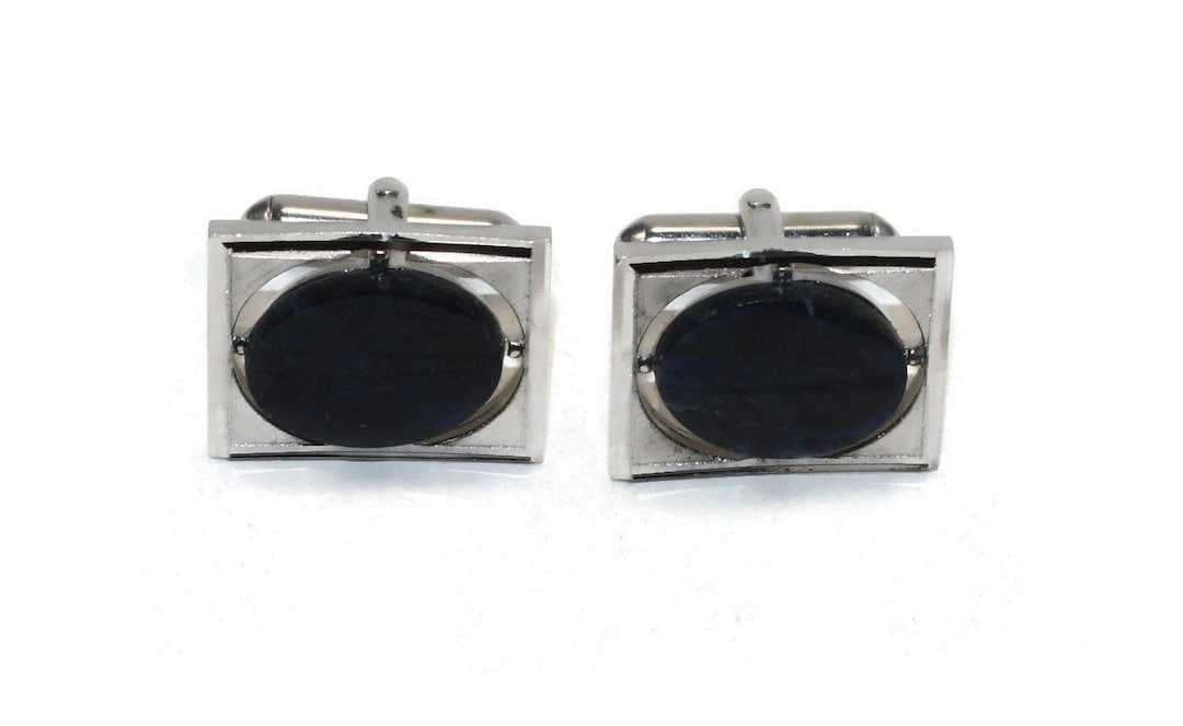Vintage Swank Silver Tone and Oval Blue Plastic Rectangular Cuff Links ...