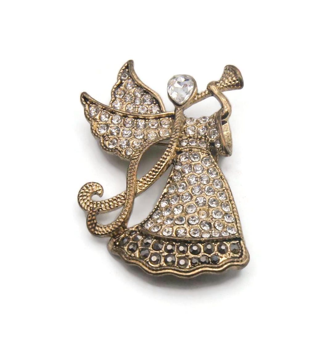 Monet Angel Blowing Horn Brooch Vintage Gold Tone With Clear and Black ...