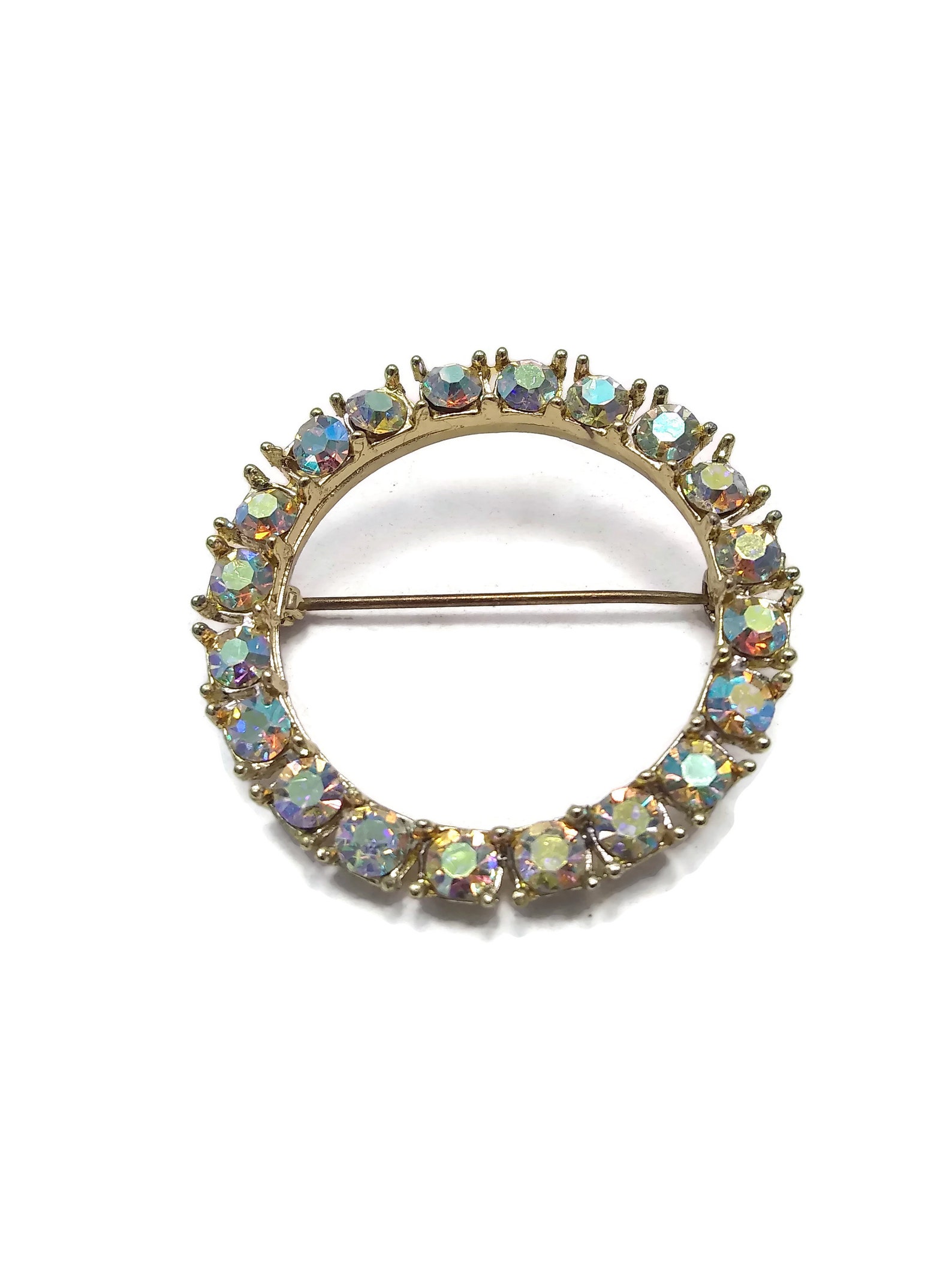 Gorgeous Vintage Gold Tone Circle Pin Brooch With Aurora Etsy
