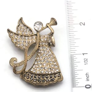 Monet Angel Blowing Horn Brooch Vintage Gold Tone With Clear and Black ...