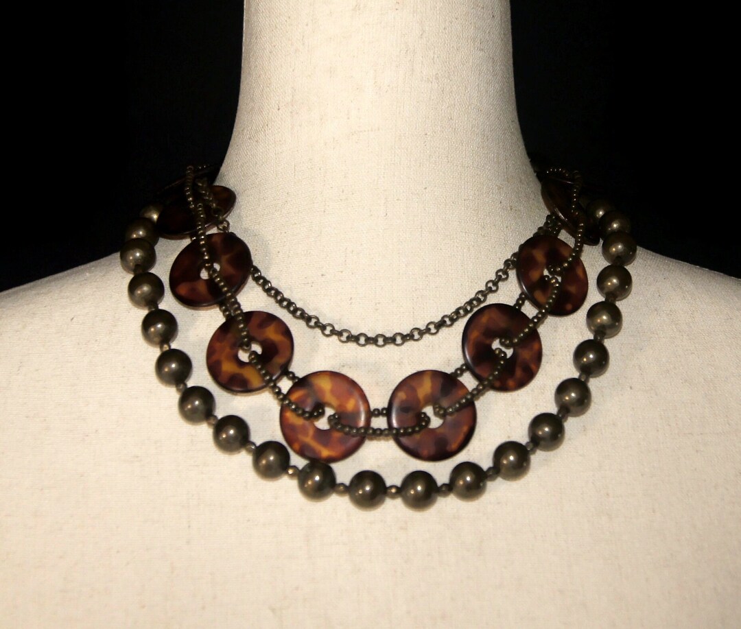 Vintage Premier Designs Brass Tone and Tortoise Shell Plastic 3 Strand ...