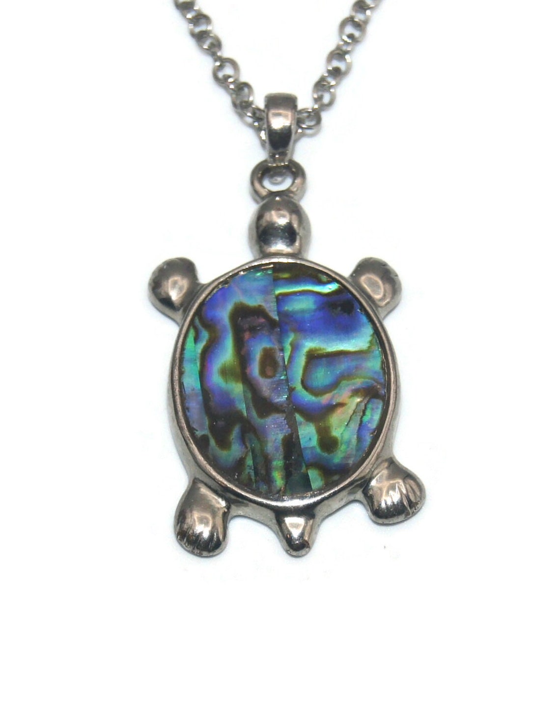 Vintage Silver Tone and Faux Abalone Turtle Pendant on 17 1/2 to 19 ...