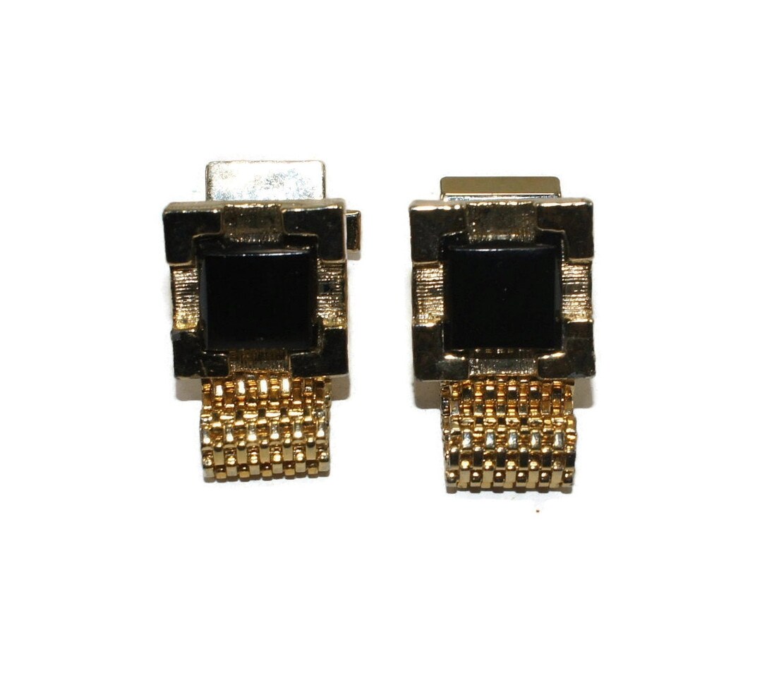 Vintage Gold Tone and Black Plastic Square Cuff Links With Chain Link ...